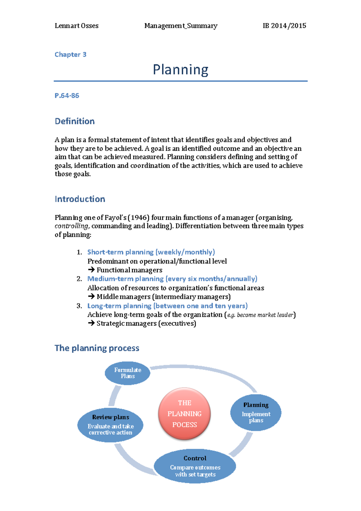 Management Chapter 3 (partly) - Chapter 3 Planning P-­‐ Definition A ...