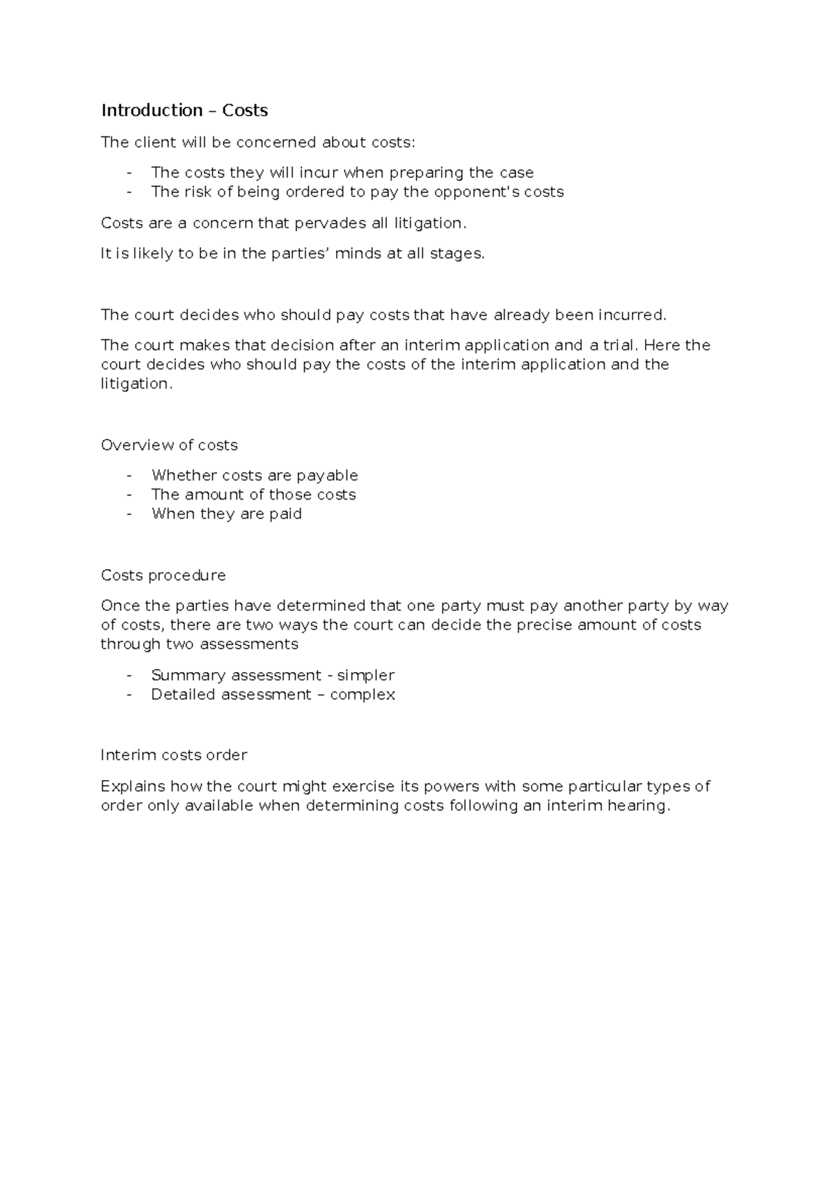 1. Introduction - costs - Introduction – Costs The client will be ...