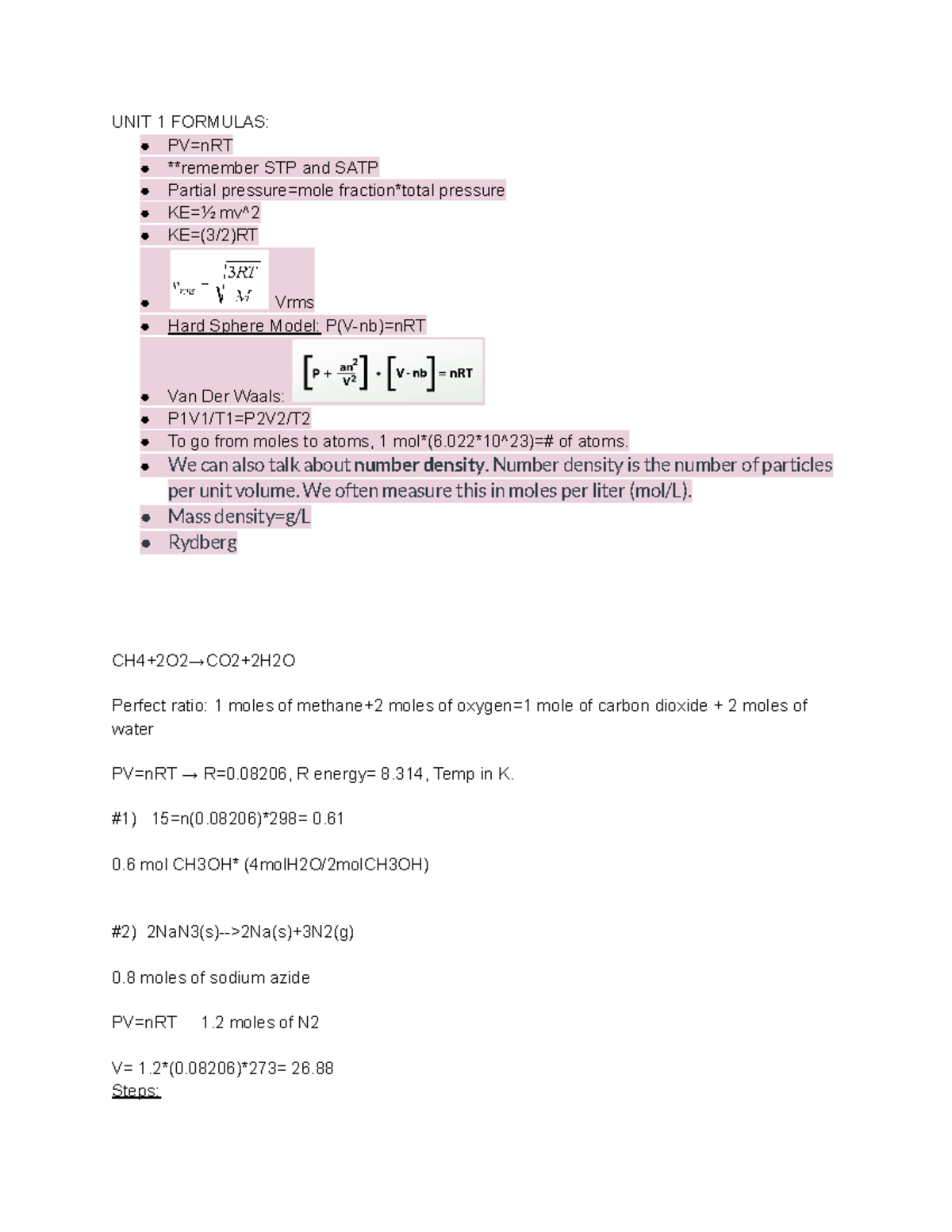 CHEM UNIT 1 and UNIT 2 - Notes - ####### UNIT 1 FORMULAS: ####### PV ...