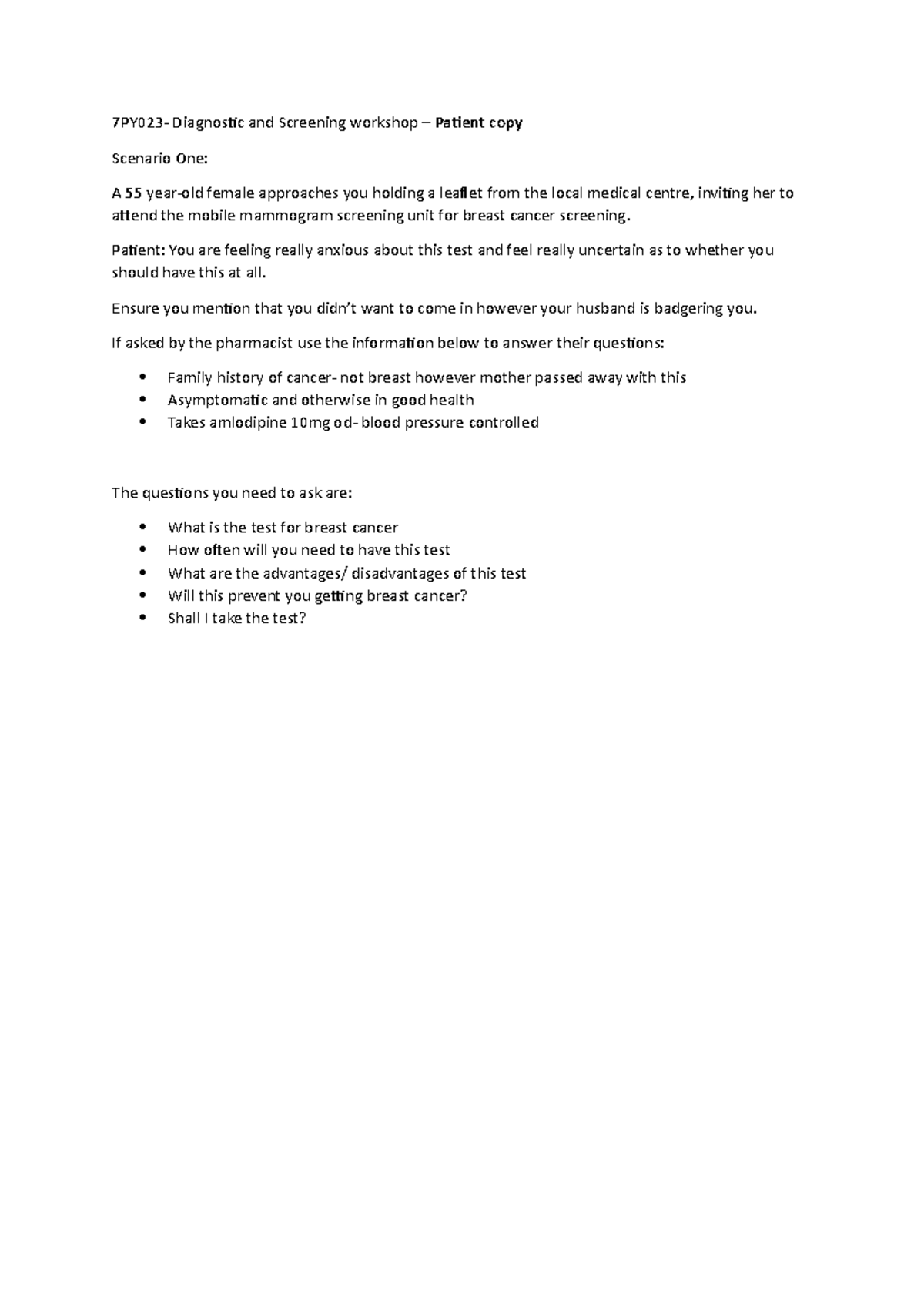 Diagnostic Screening Patient Scenario - 7PY023- Diagnostic and ...