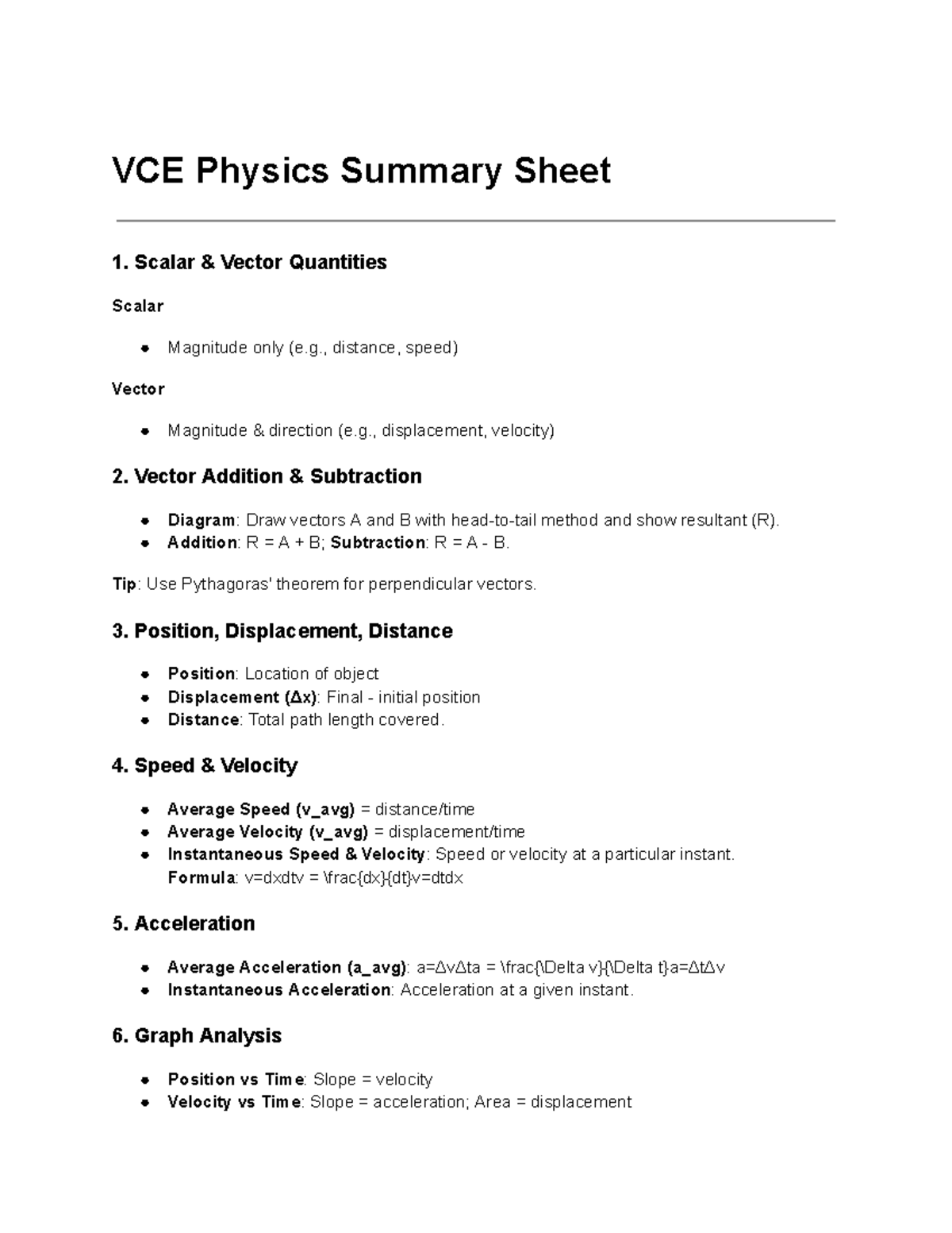 VCE Physics Summary Sheet - Scalar & Vector Quantities Scalar Magnitude ...