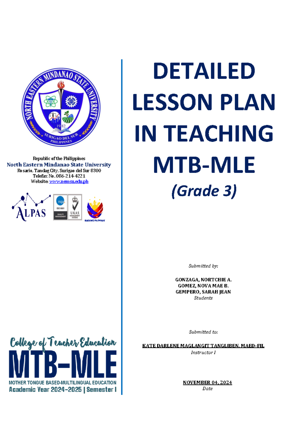 Detailed Lesson Plan in MTB MLE 2 - Republic of the Philippines North Eastern Mindanao State ...