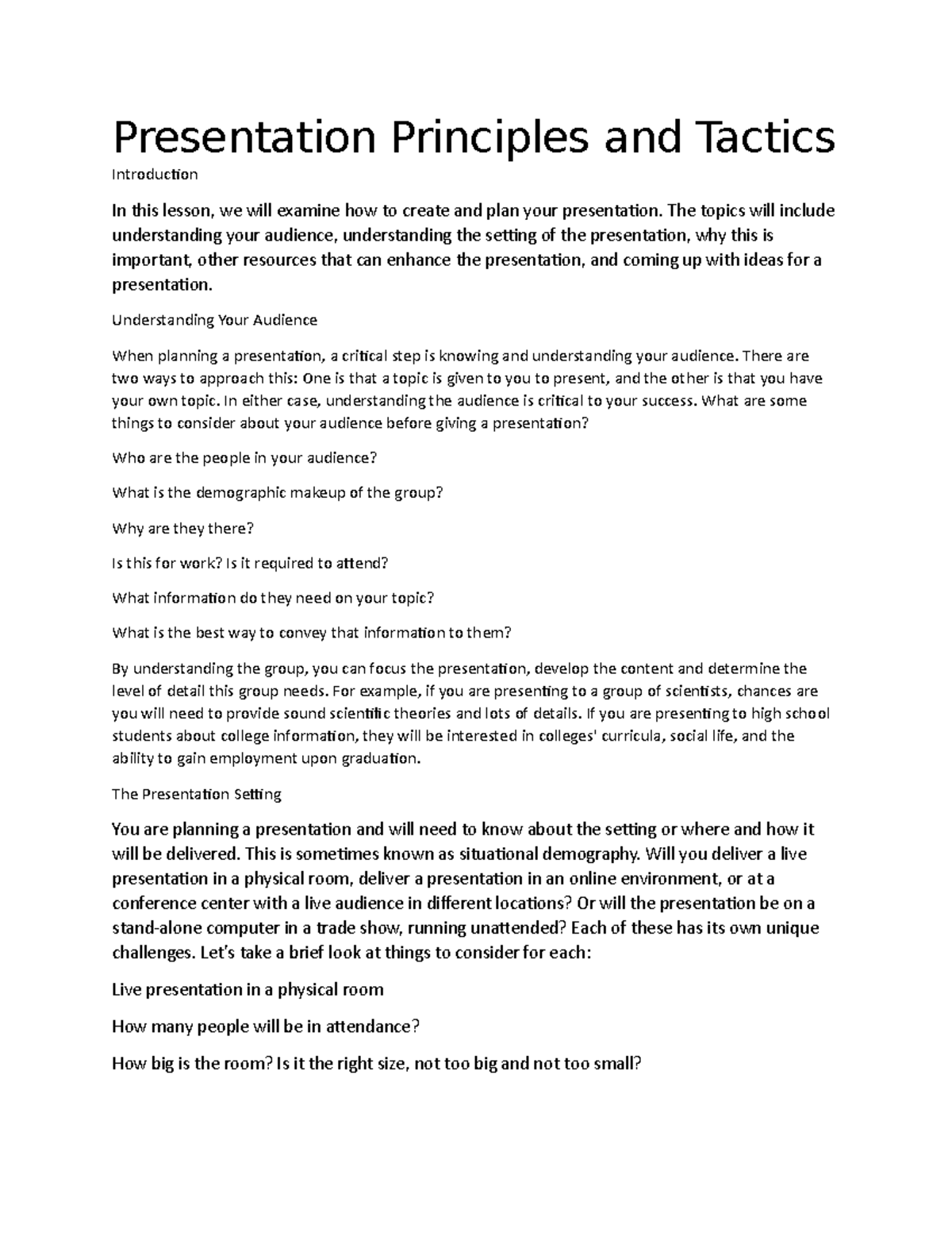 Presentation Principles and Tactics - Presentation Principles and ...