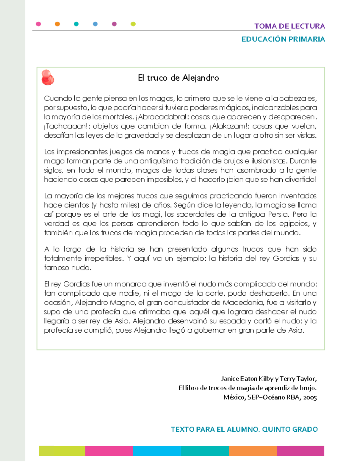 Lectura Sisat Quinto - TOMA DE LECTURA EDUCACI”N PRIMARIA El truco de ...