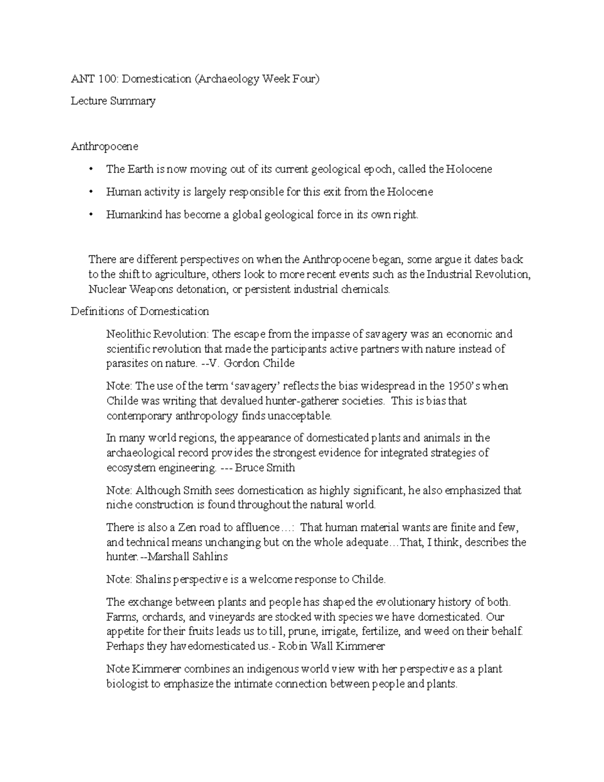 Domestication Lecture 4 Summary - ANT 100: Domestication (Archaeology ...