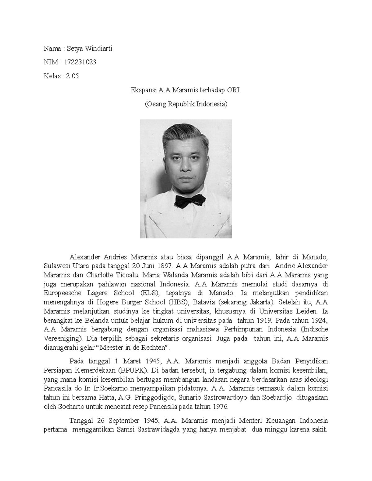 Artikel AA Maramis - Nama : Setya Windiarti NIM : 172231023 Kelas : 2 ...