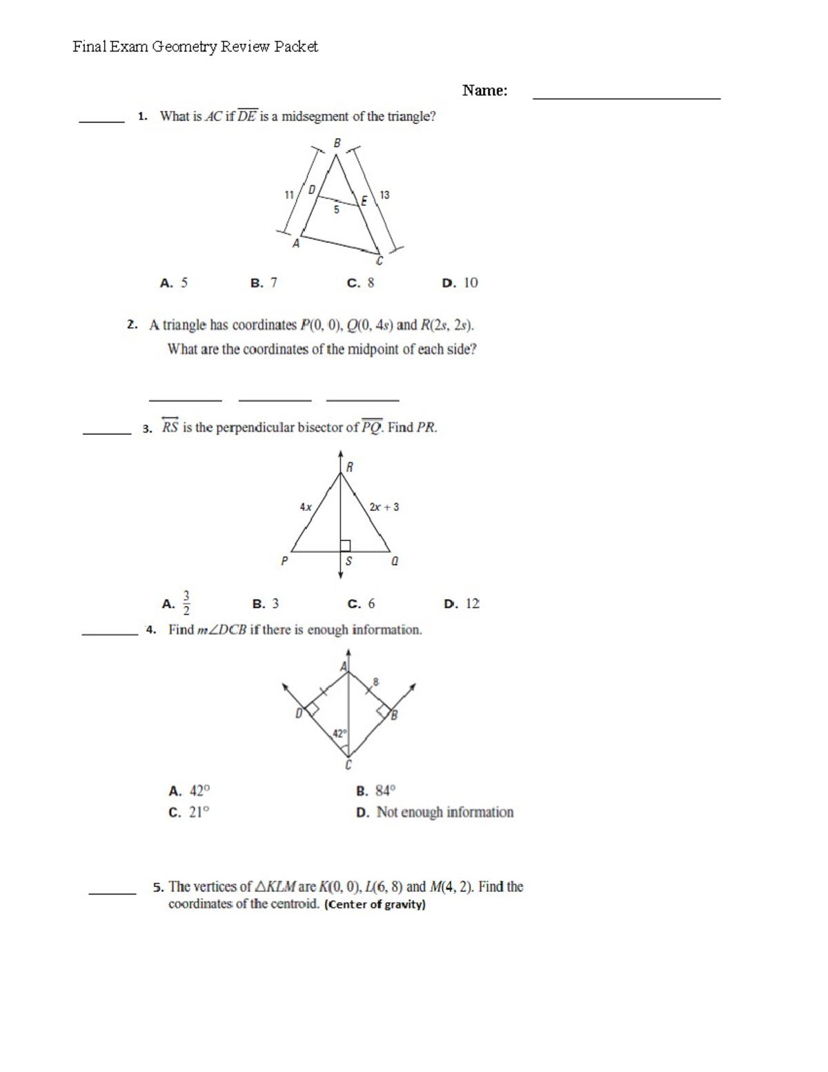 Geometry Final Review - Final Exam Geometry Review Packet Name