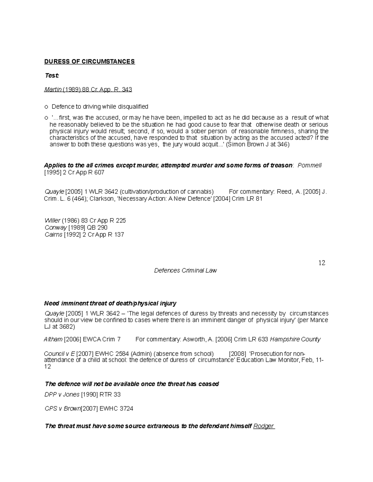 Duress OF Circumstances - DURESS OF CIRCUMSTANCES Test: Martin (1989 ...