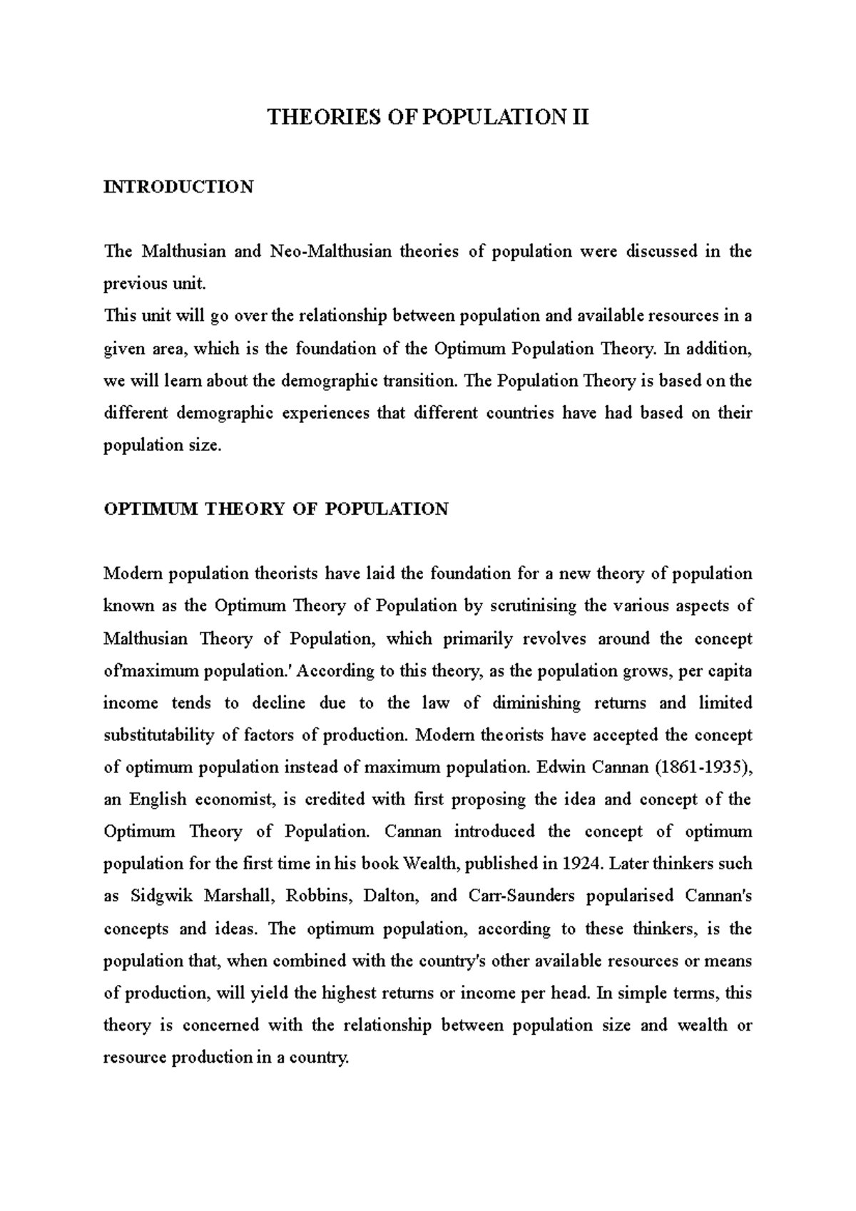 Theories OF Population II - THEORIES OF POPULATION II INTRODUCTION The ...