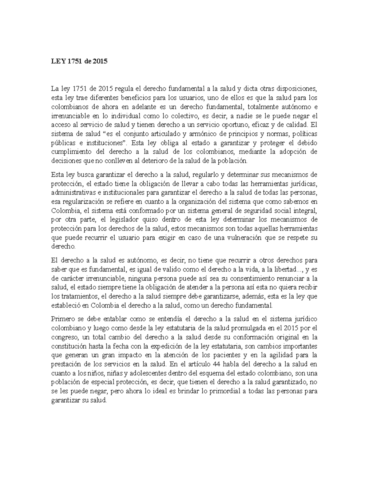 LEY 1751 de 2015 - Resumen - LEY 1751 de 2015 La ley 1751 de 2015 ...