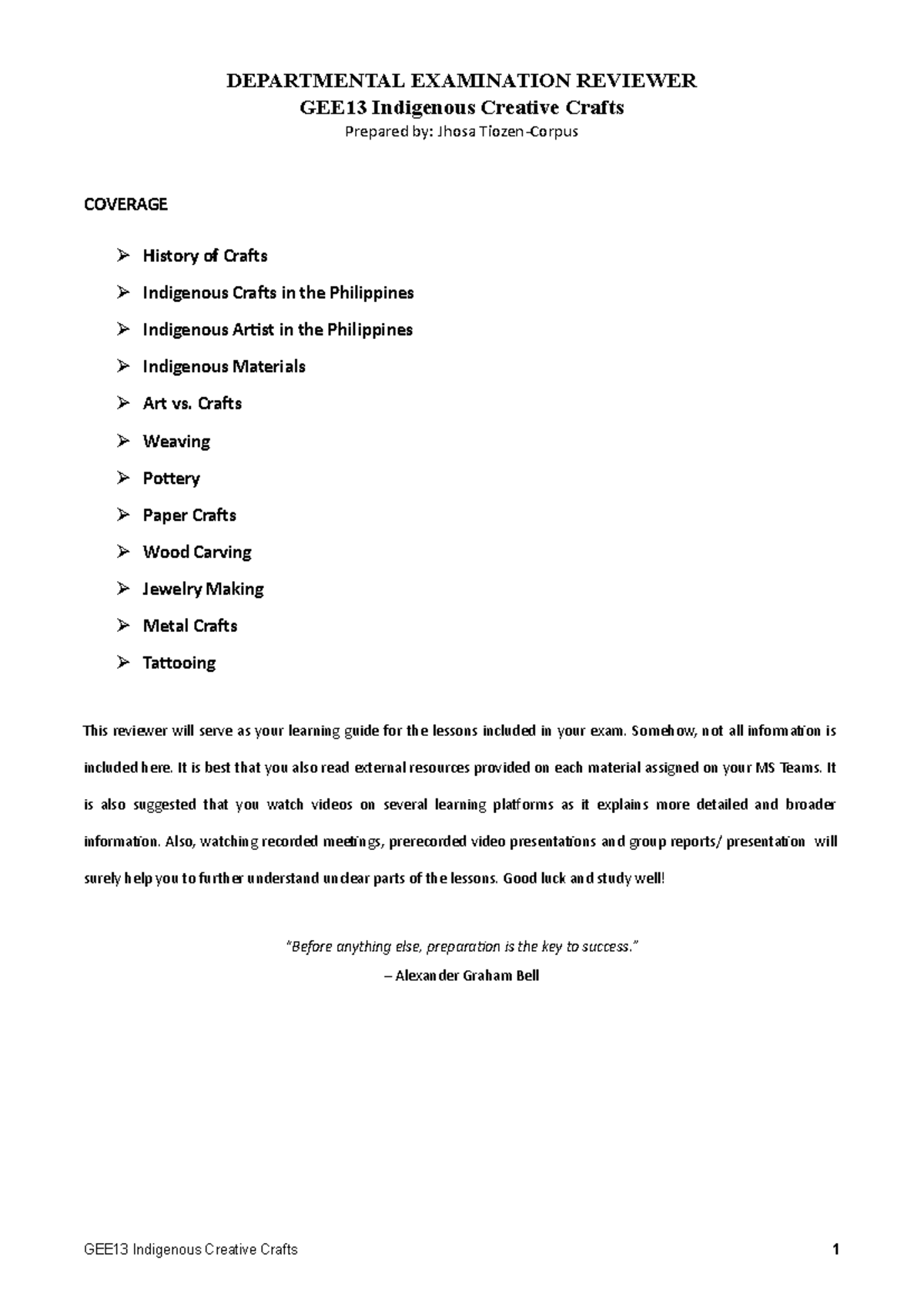 Indigenous Creative Crafts Reviewer - GEE13 Indigenous Creative Crafts ...