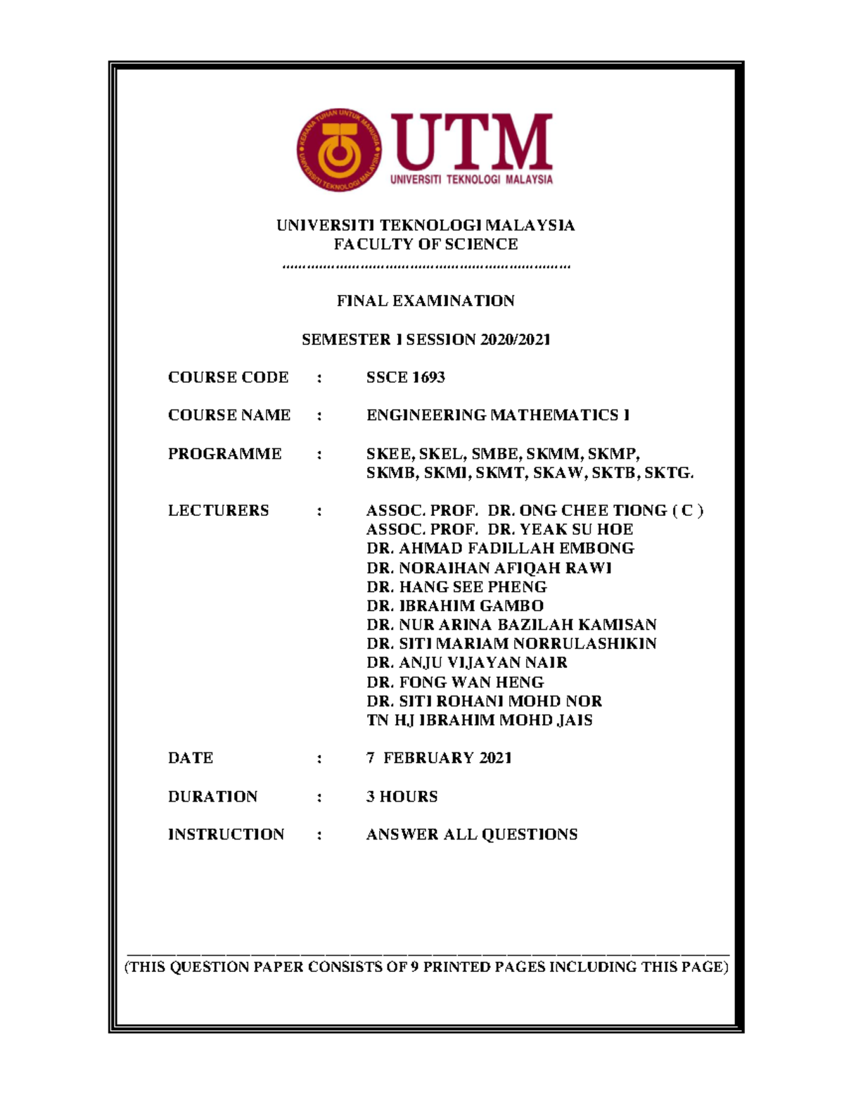Sample Final Exam SSCE1693 202020211 - UNIVERSITI TEKNOLOGI MALAYSIA ...