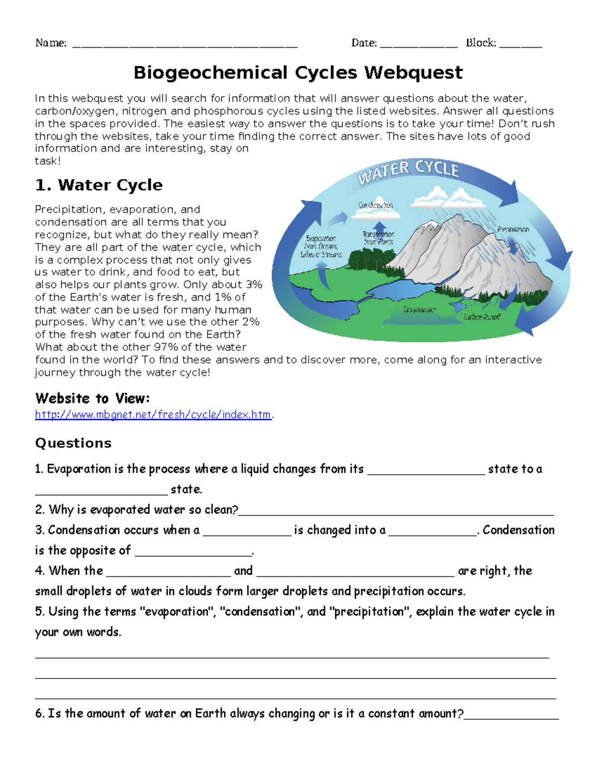 Biogeochemical cycles webquest - Name