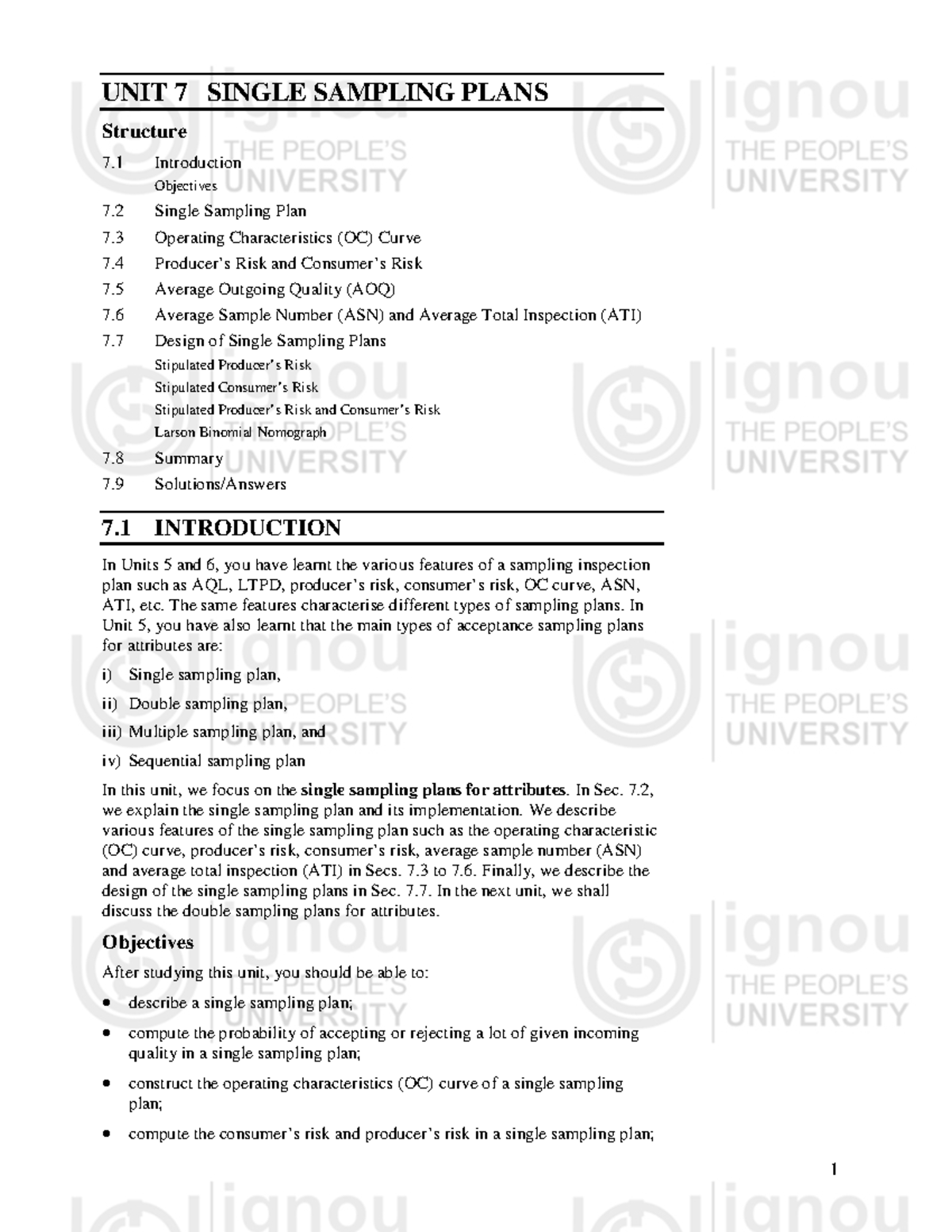 Unit-7 Single Sampling Plan - UNIT 7 SINGLE SAMPLING PLANS ...