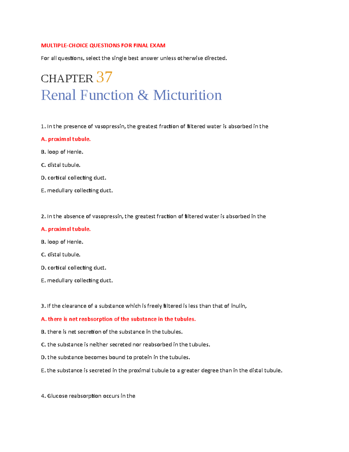 Final Test on Urinary System - MULTIPLE-CHOICE QUESTIONS FOR FINAL EXAM ...
