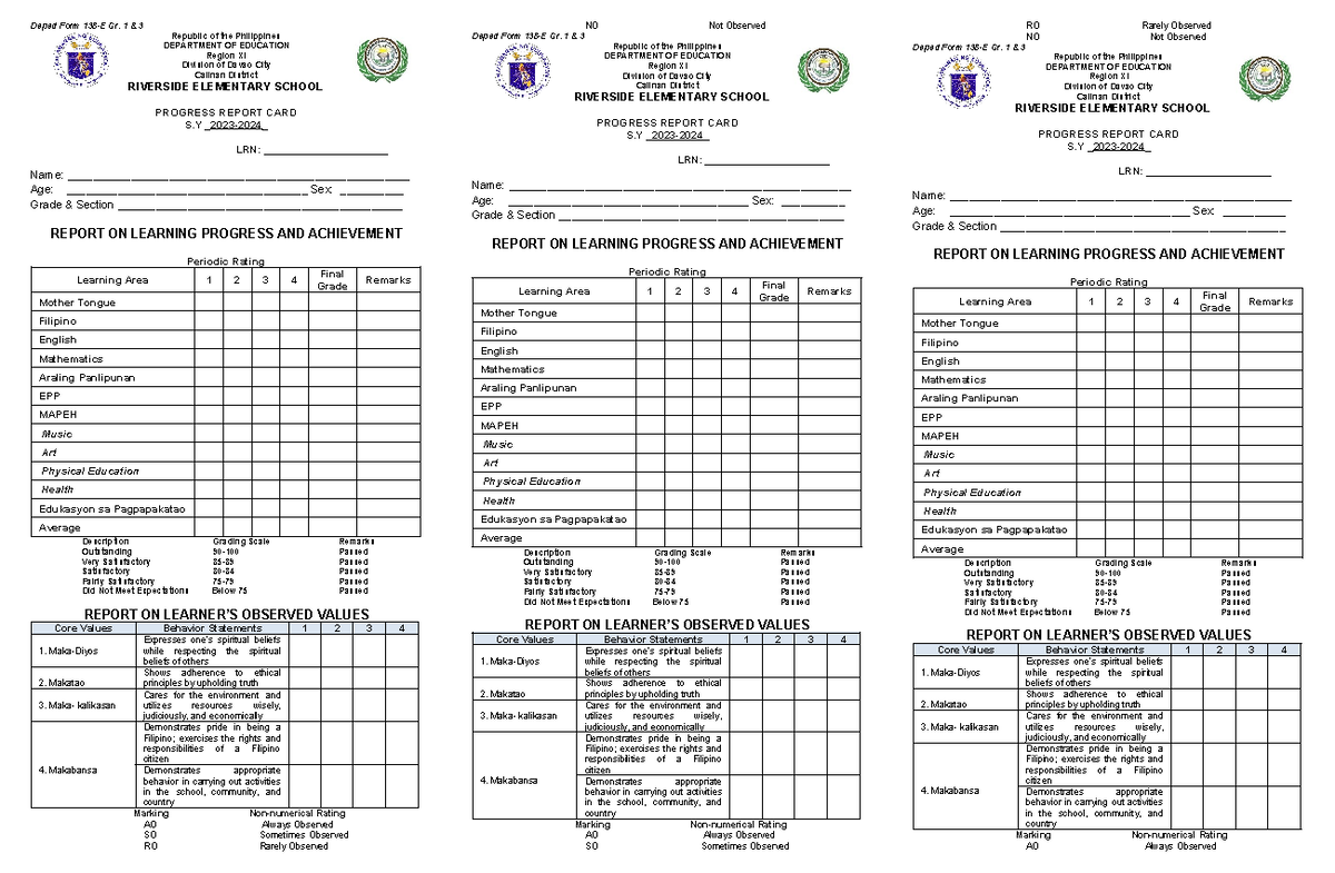 Grade-1-3 - Deped. - Deped Form 138-E Gr. 1 & 3 Republic of the ...