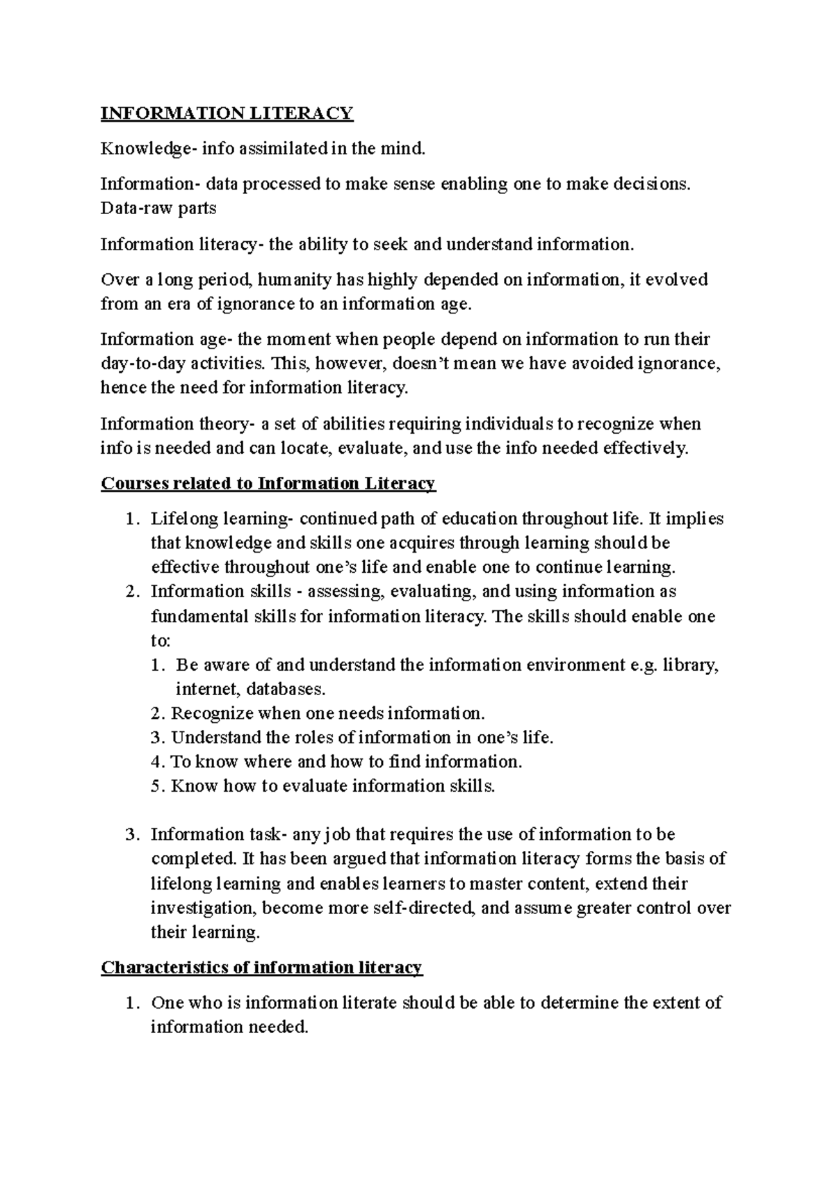 Information Literacy Notes - INFORMATION LITERACY Knowledge- info ...