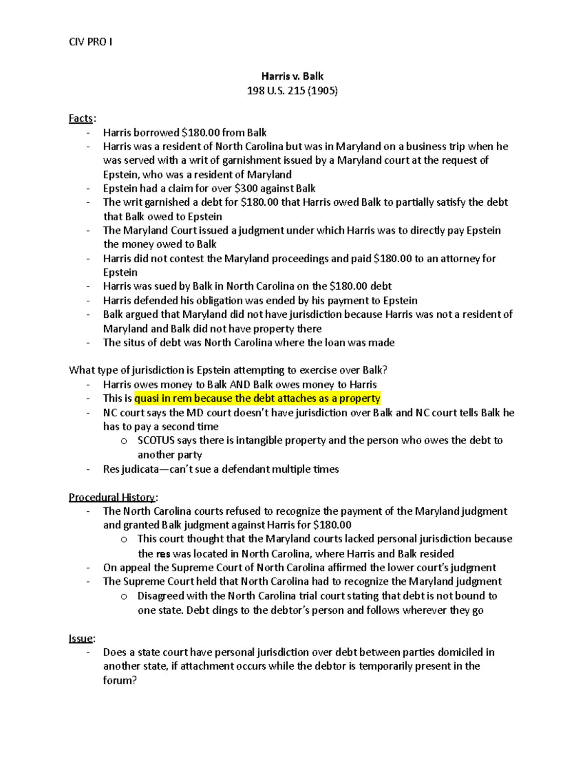 Harris v. Balk - Case Notes - CIV PRO I Harris v. Balk 198 U. 215 (1905 ...