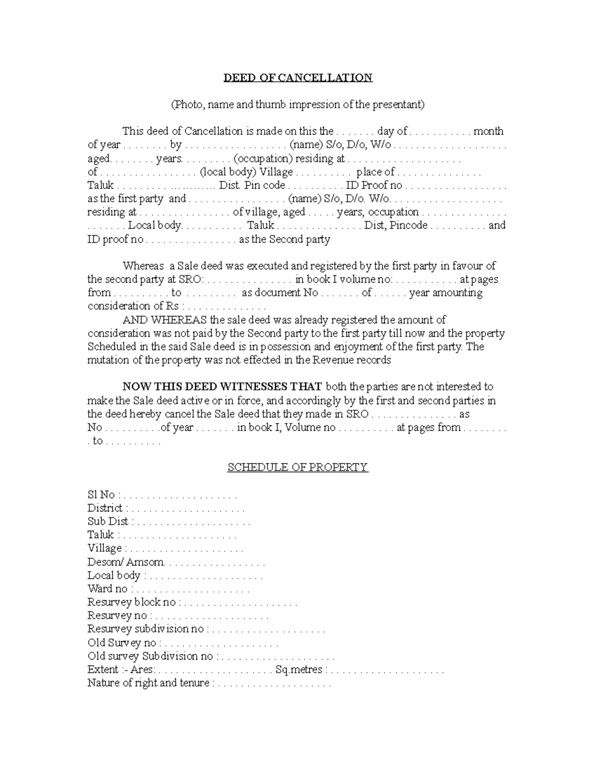 Cancellation Deed Eng - DEED OF CANCELLATION (Photo, name and thumb ...
