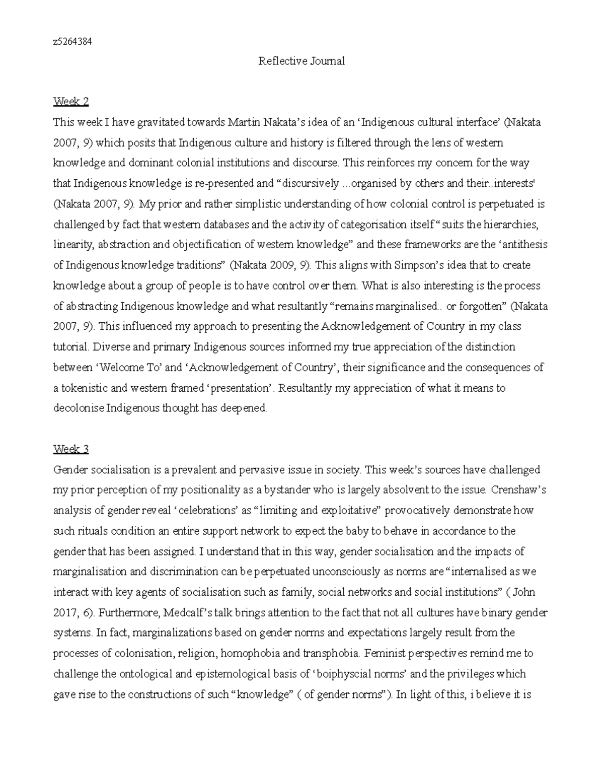 Reflective note - z Reflective Journal Week 2 This week I have ...