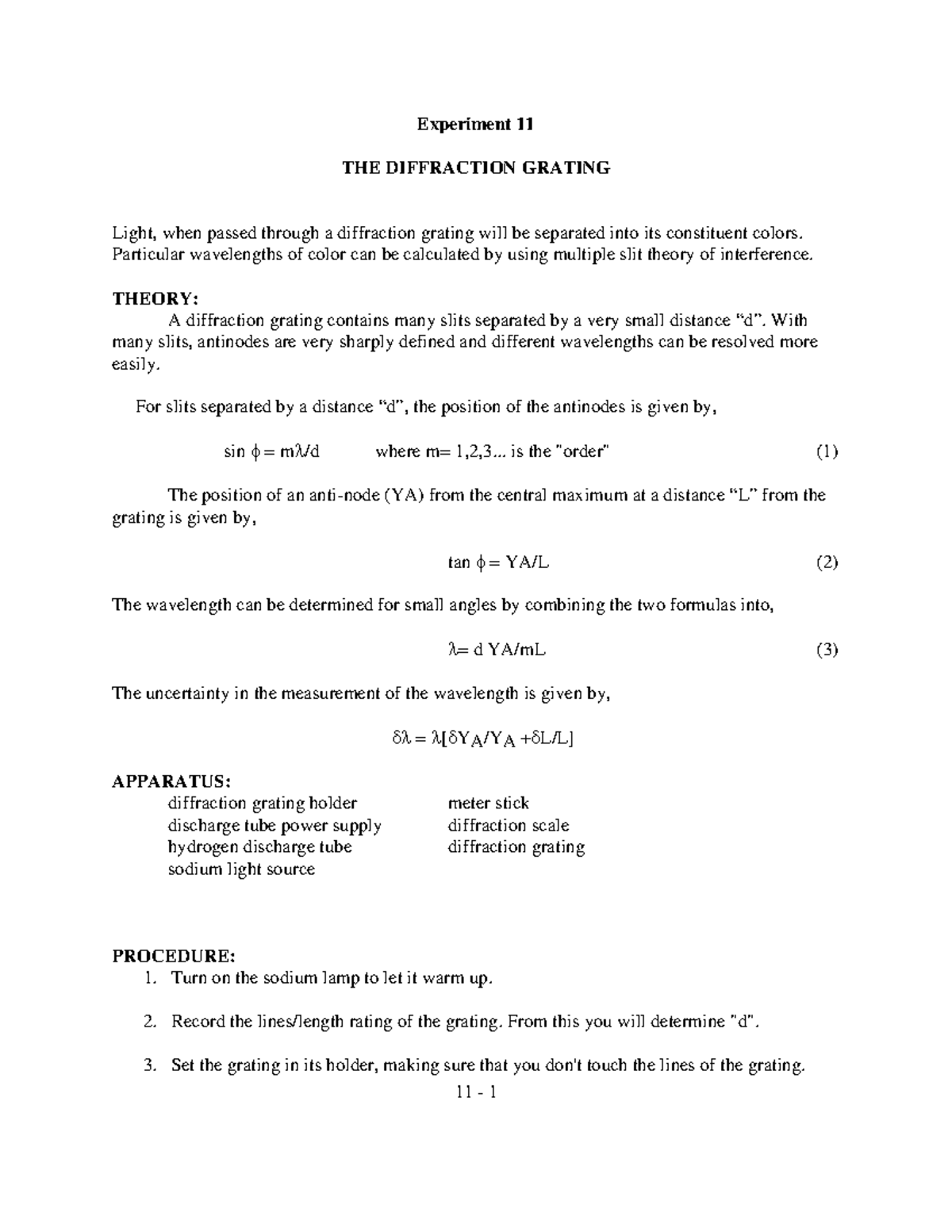 Phys 23 T11 The diffraction grating - 11 - 1 Experiment 11 THE ...