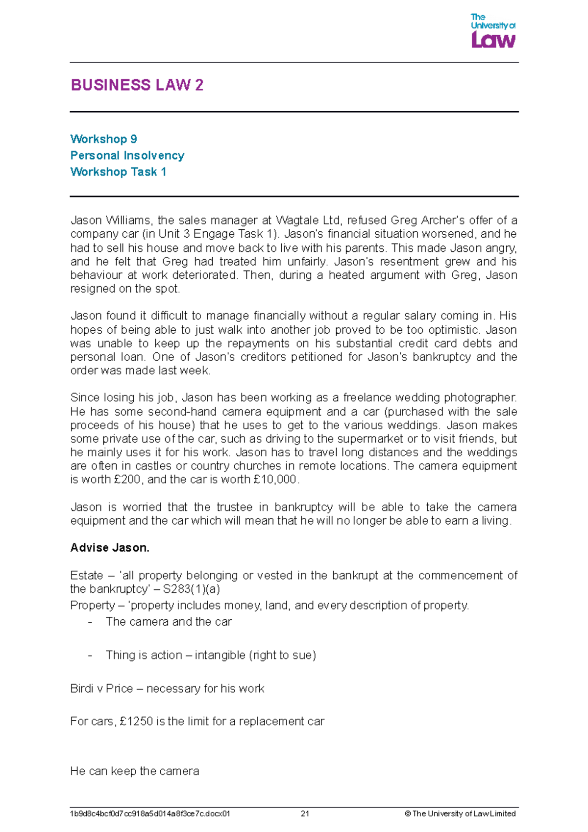 WS 9 - Workshop 9 - BUSINESS LAW 2 Workshop 9 Personal Insolvency ...