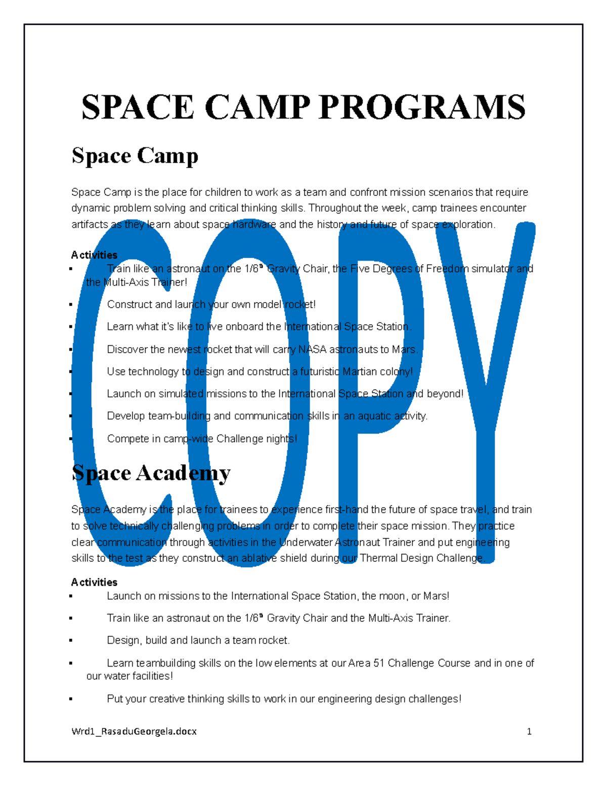Wrd1Space Word document - SPACE CAMP PROGRAMS Space Camp Space Camp is the place for children to ...
