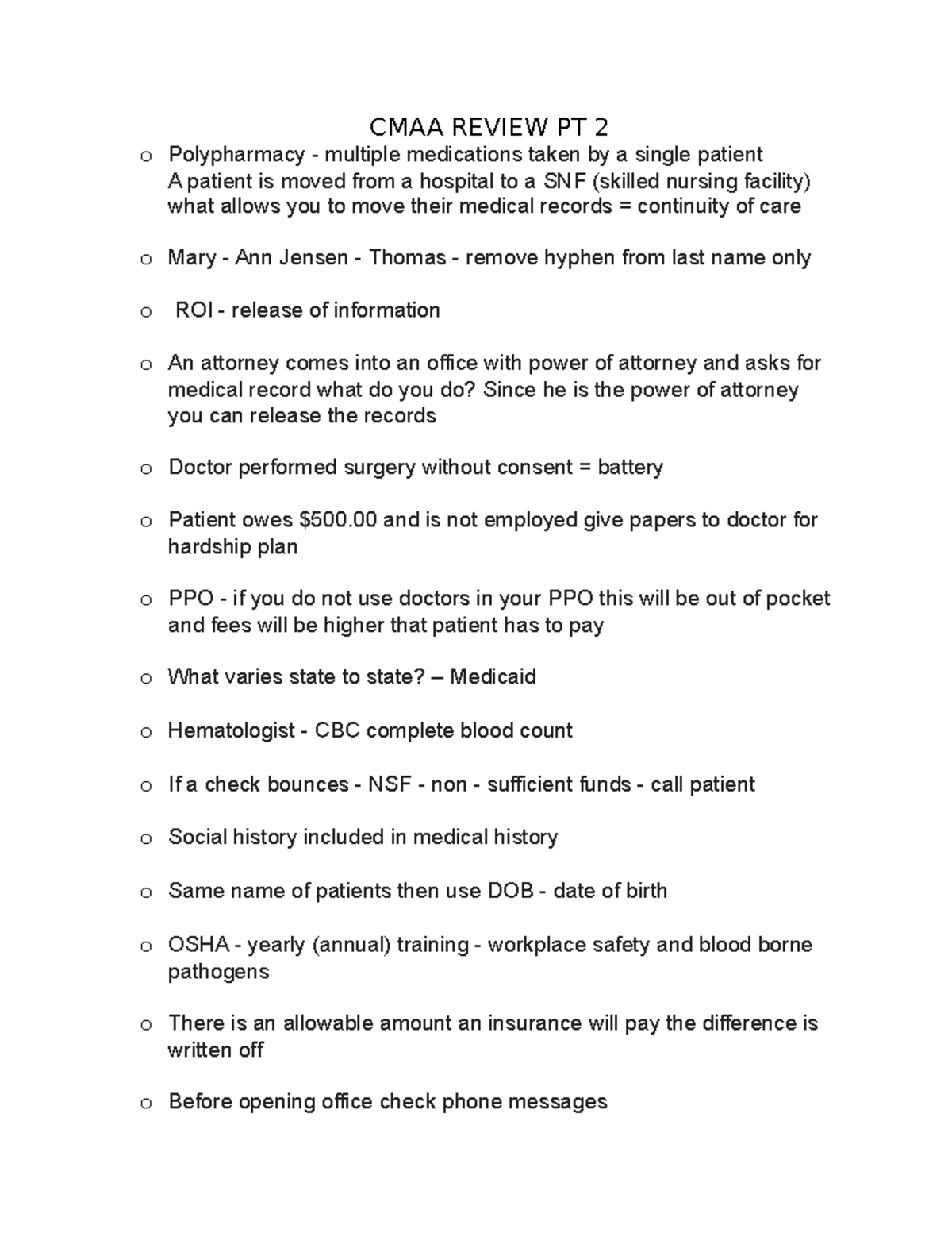 CMAA Review pt2 - This notes help me with my CMAA exam, it has a lot of ...