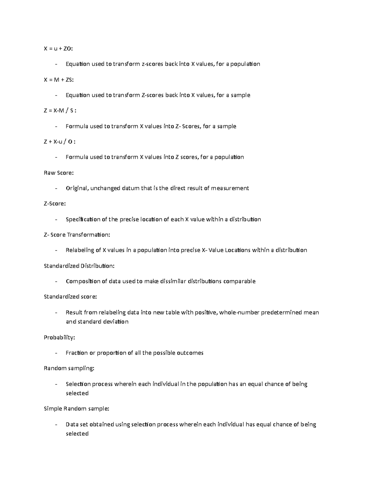 X and mean definitions for probability - X = u + ZO: - Equation used to ...