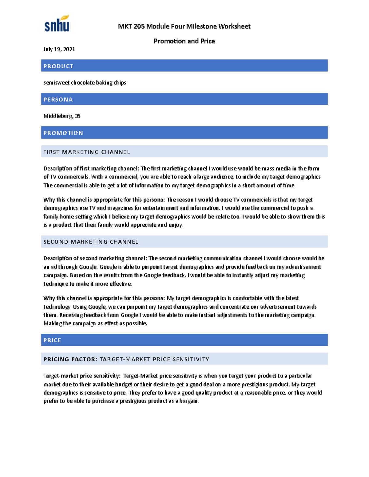 MKT 205 Module Four Milestone Worksheet Promotion and Price - Studocu