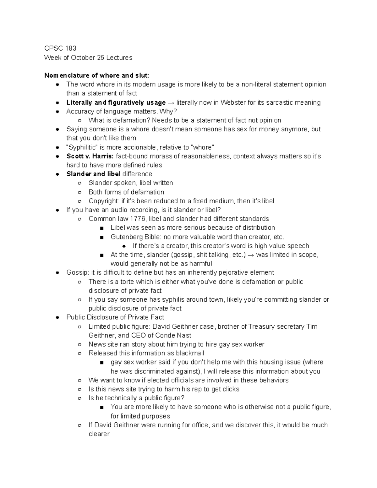 CPSC 183- October 25 & October 27 - CPSC 183 Week of October 25 Lectures Nomenclature of whore ...