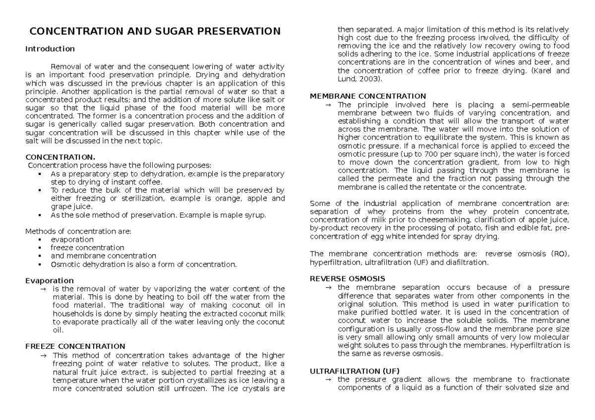 Concentration AND Sugar Preservation - CONCENTRATION AND SUGAR ...