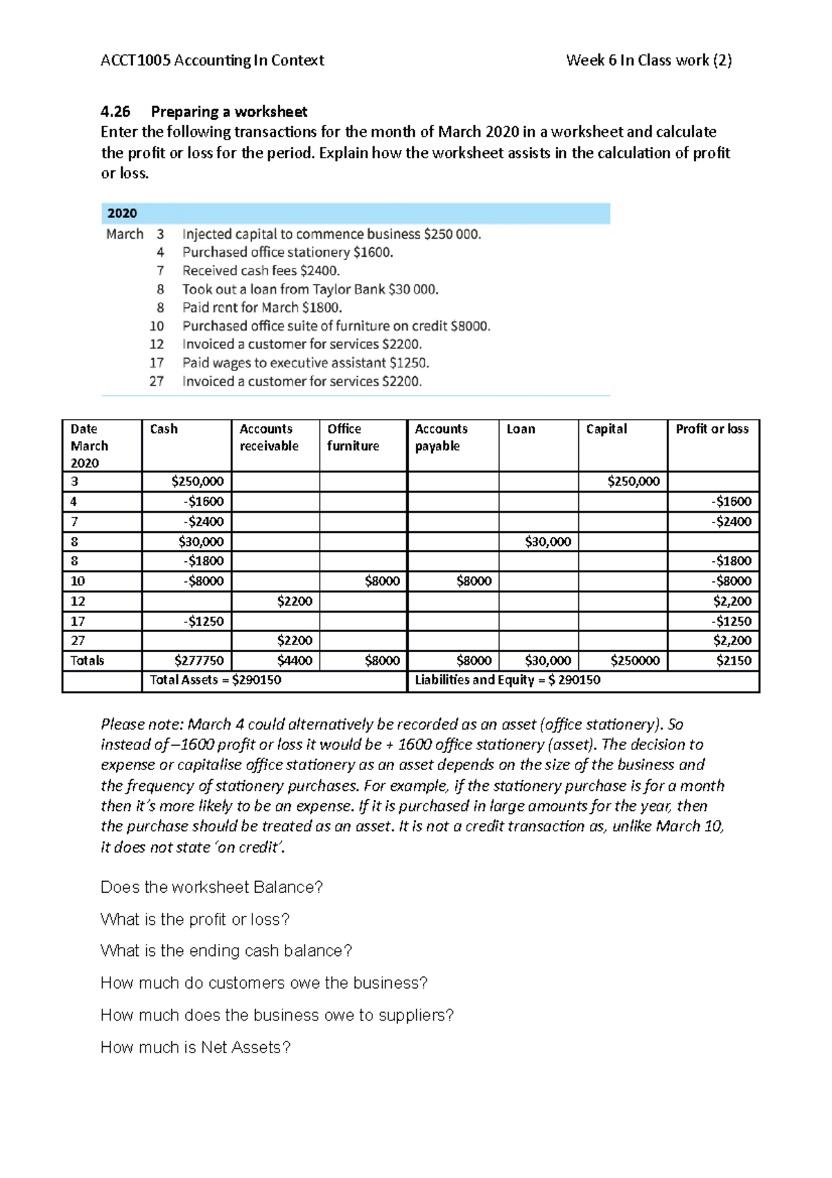 Week 6 in class question 2 - ACCT1005 Accounting In Context Week 6 In Class work (2) 4 Preparing ...