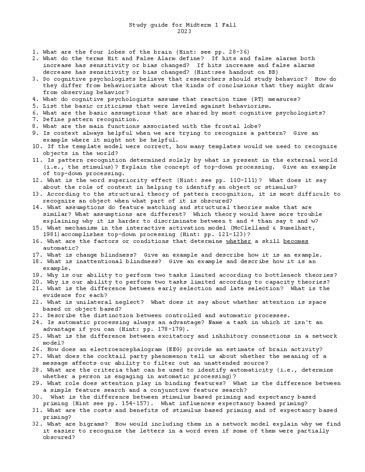 Cog study guide mid 1 f23 - Study guide for Midterm 1 Fall 2023 What are the four lobes of the ...