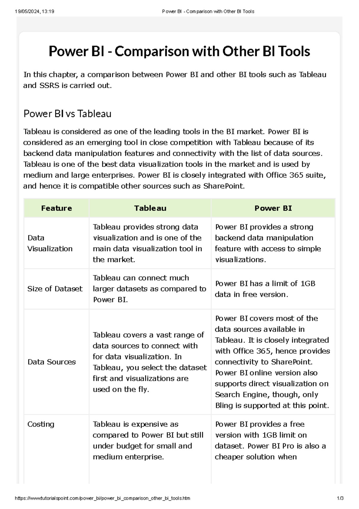 Power BI - Comparison with Other BI Tools - Power BI vs Tableau Tableau ...