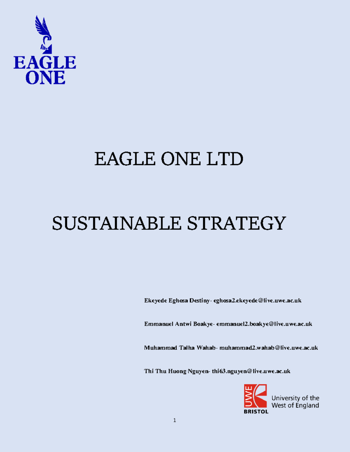 Project proposal - EAGLE ONE LTD SUSTAINABLE STRATEGY Ekeyede Eghosa ...