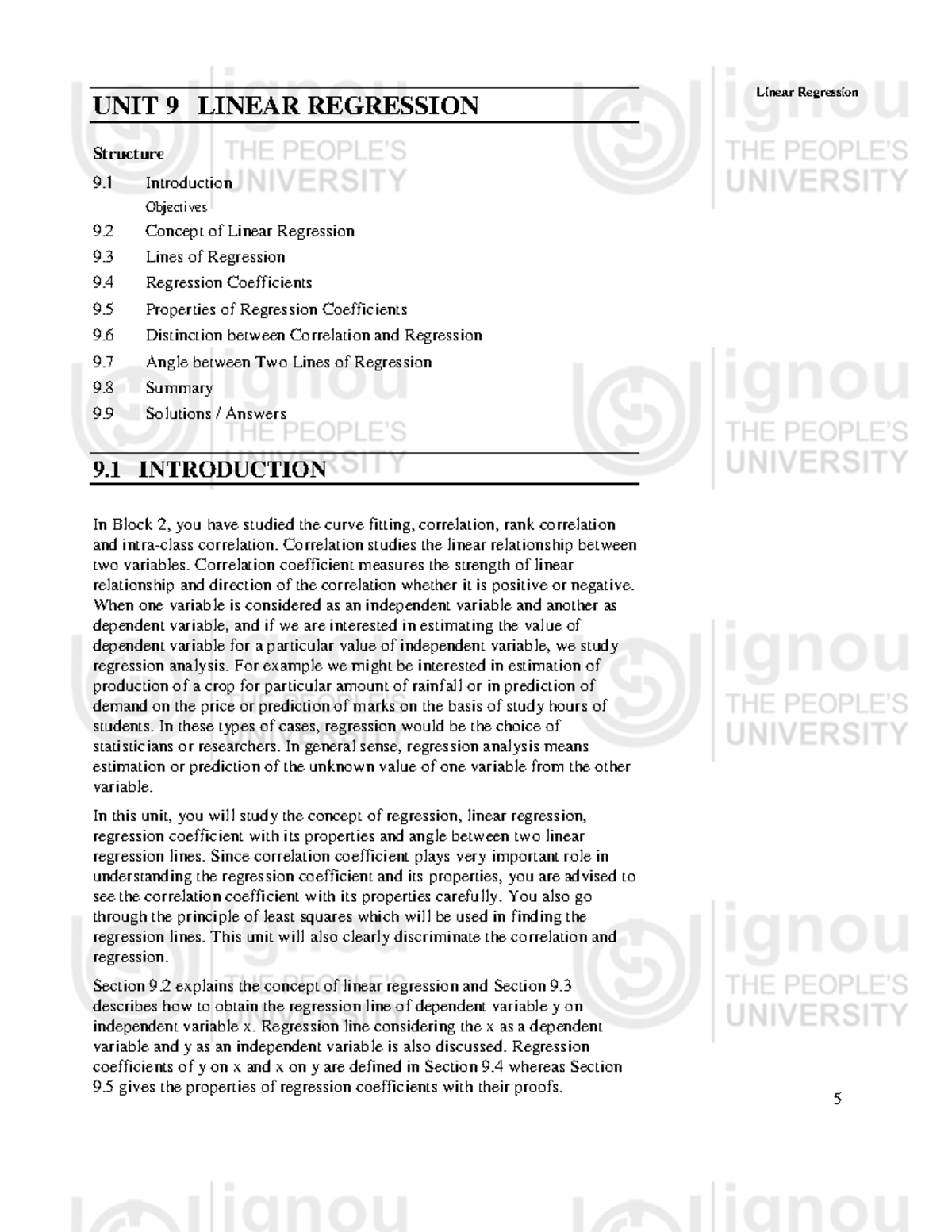 Unit 4 Lecture Notes Linear Regression Unit 9 Linear Regression Structure 9 Introduction