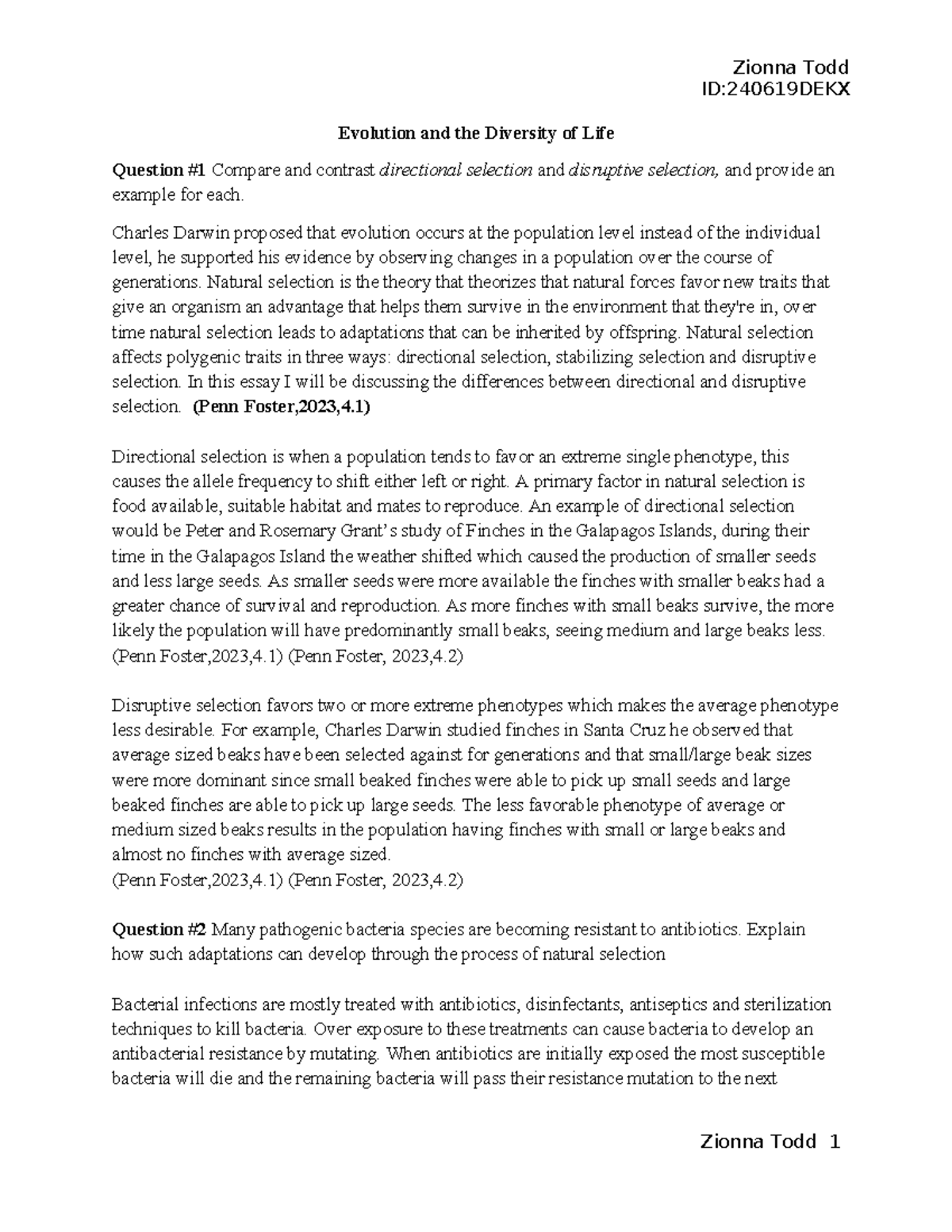 Evolution and Biodiversity of Life Essay - Zionna Todd ID:240619DEKX ...