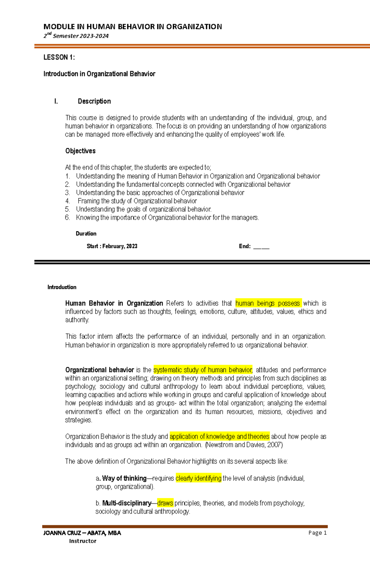 HBO- Chapter-1 - 2 nd Semester 2023- JOANNA CRUZ – ABATA, MBA Page 1 ...