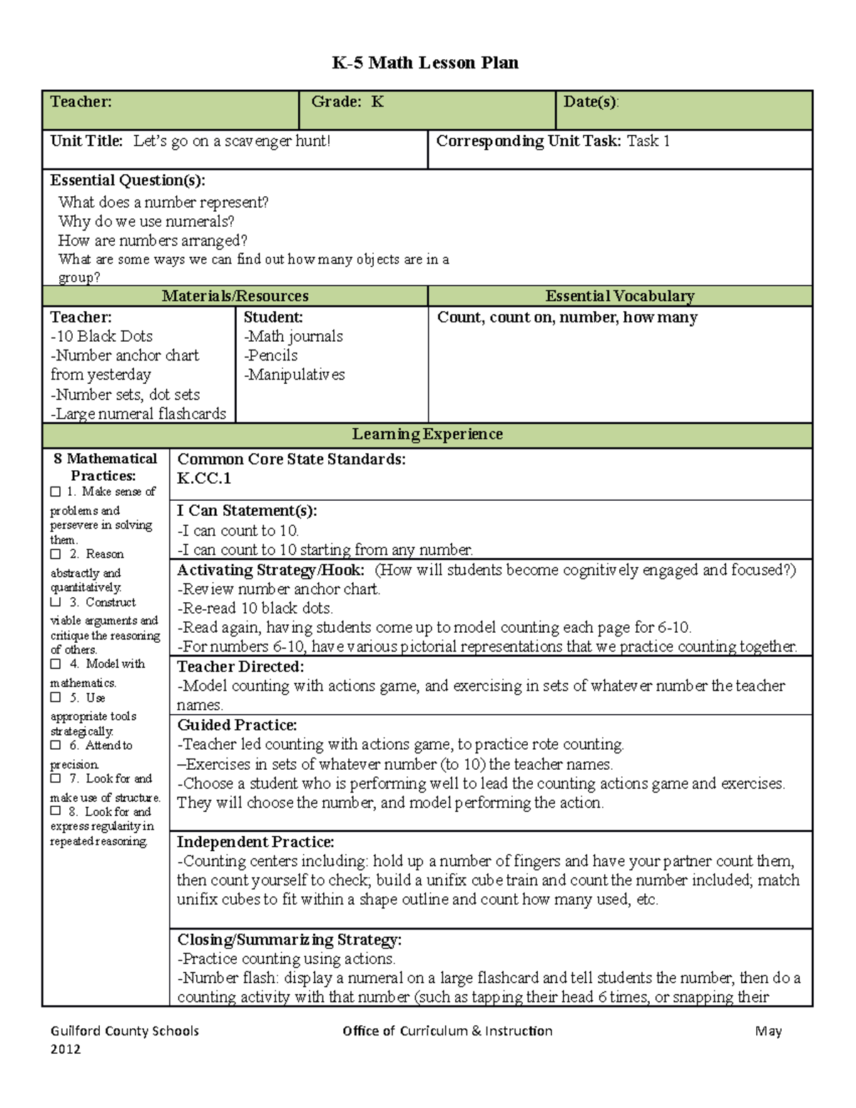 Unit 3 Lesson Plan (Homework) part 2of 4 - K-5 Math Lesson Plan Teacher ...