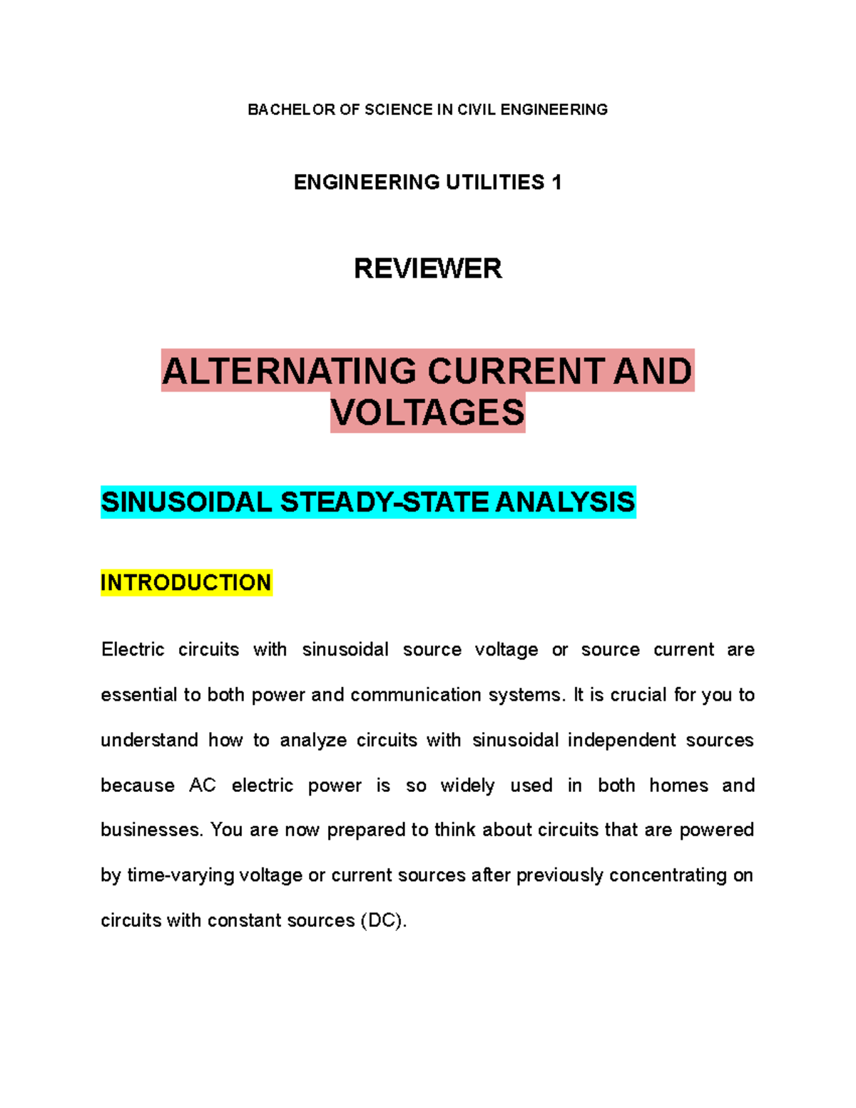 Alternating Current AND Voltages - Engineering Utilities 1 - BACHELOR ...