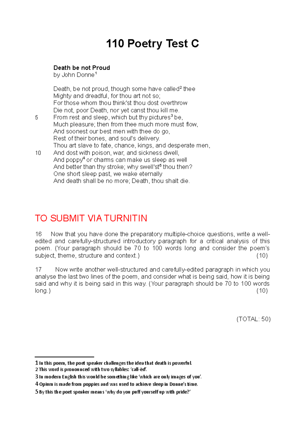 Poetry Test C [Questions 16-17](1) - 110 Poetry Test C Death be not ...