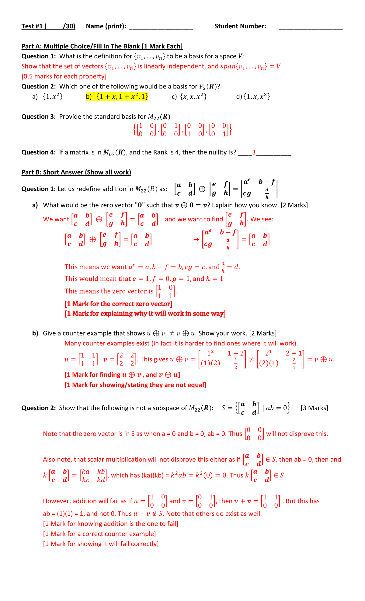 Linear Algebra Test: Basis Subspaces and RREF - Studocu