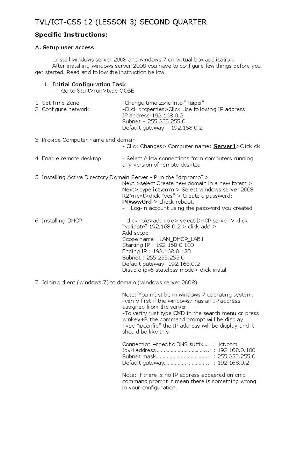 COC 3 Setup Computer Server - TVL/ICT-CSS 12 (LESSON 3) SECOND QUARTER Specific Instructions: A ...