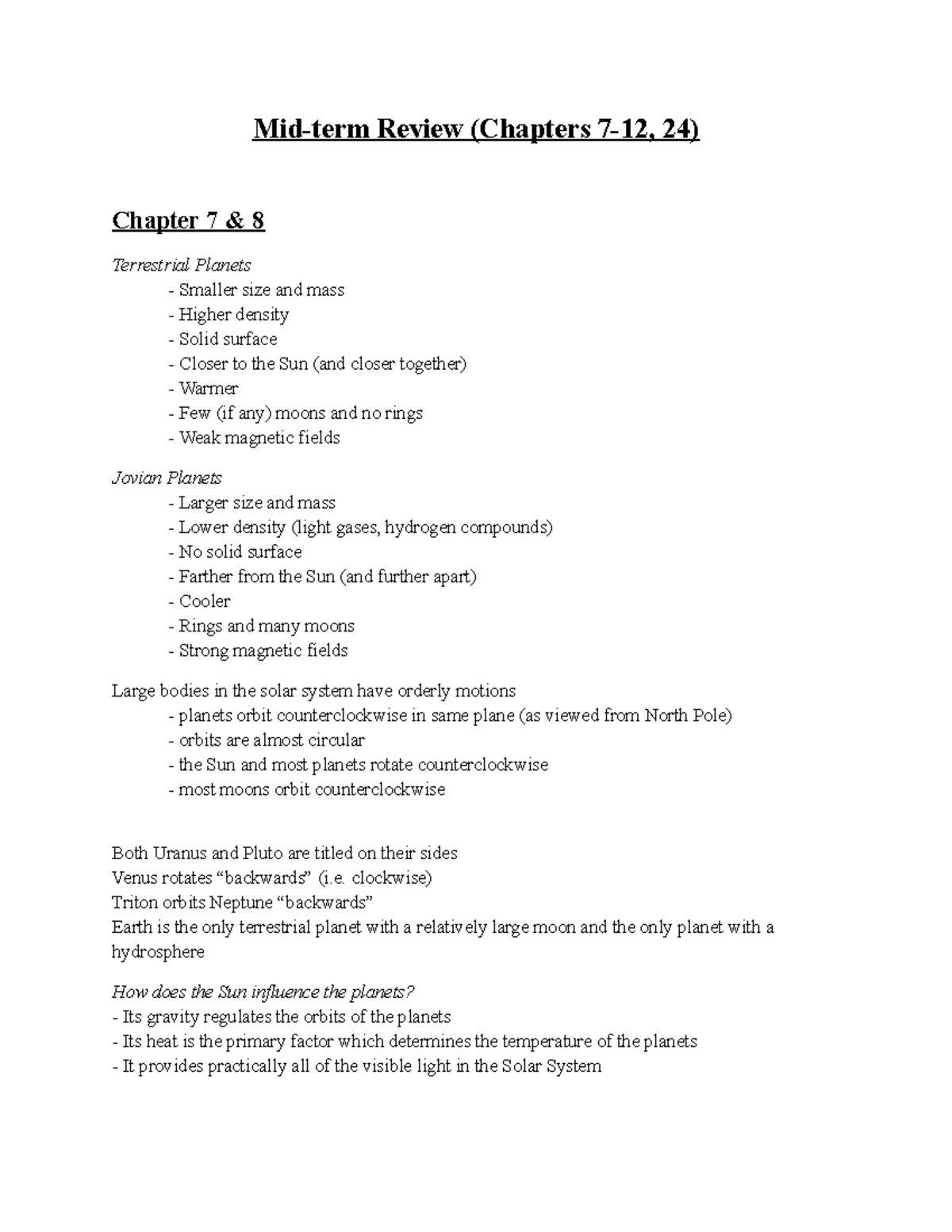 ASTR-Study Guide(7-24) - Mid-term Review (Chapters 7-12, 24) Chapter 7 ...