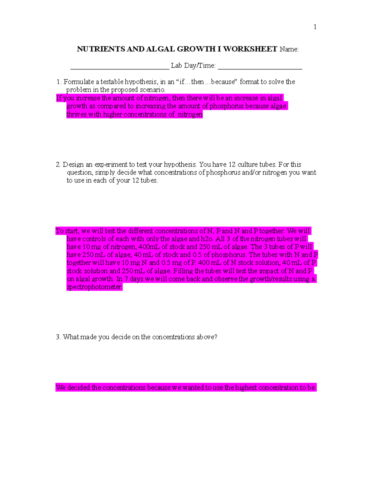Algae I WS - bio - 1 NUTRIENTS AND ALGAL GROWTH I WORKSHEET Name