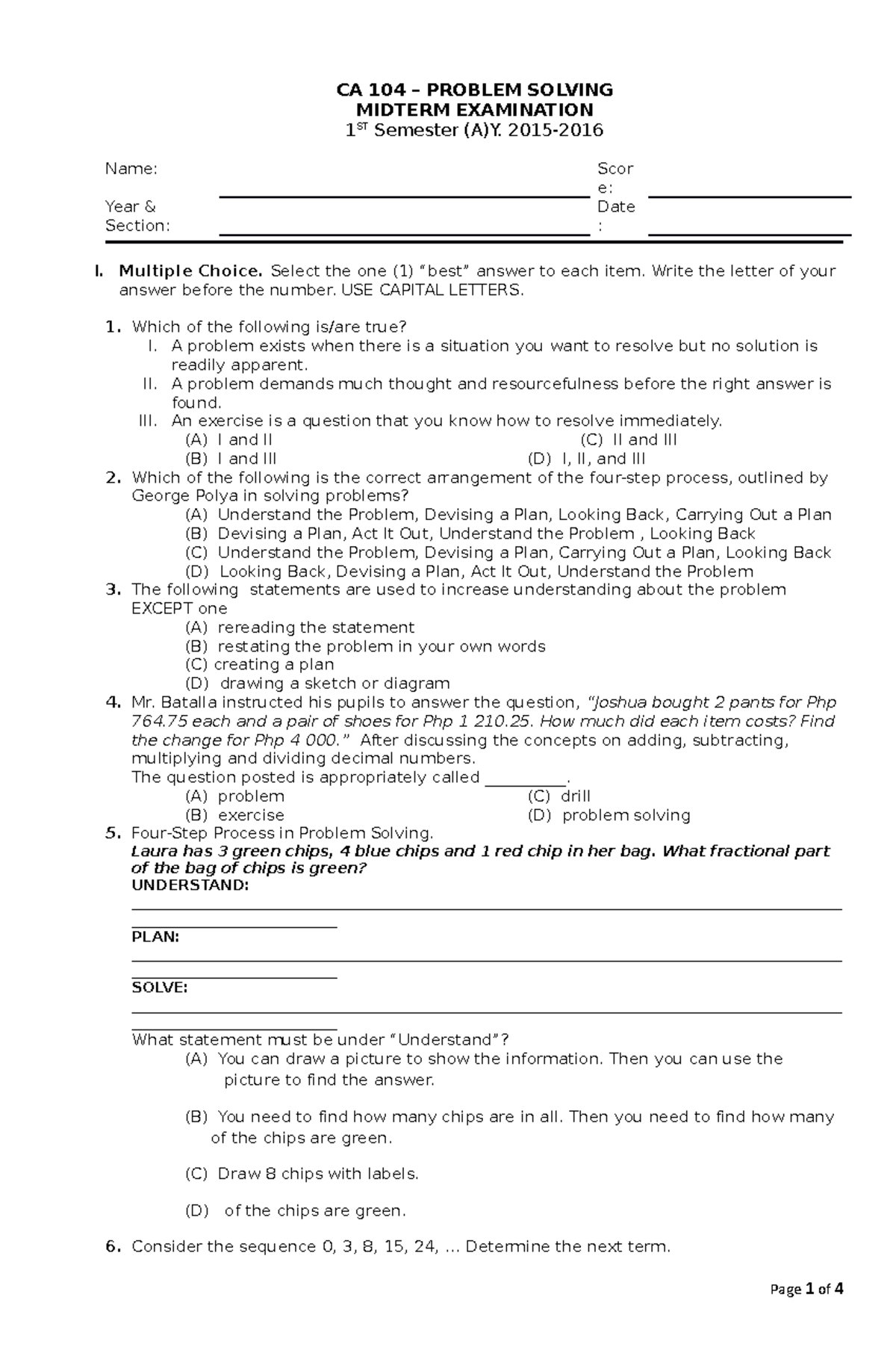 CA104 midterm - Examination - CA 104 – PROBLEM SOLVING MIDTERM EXAMINATION 1 ST Semester (A)Y ...