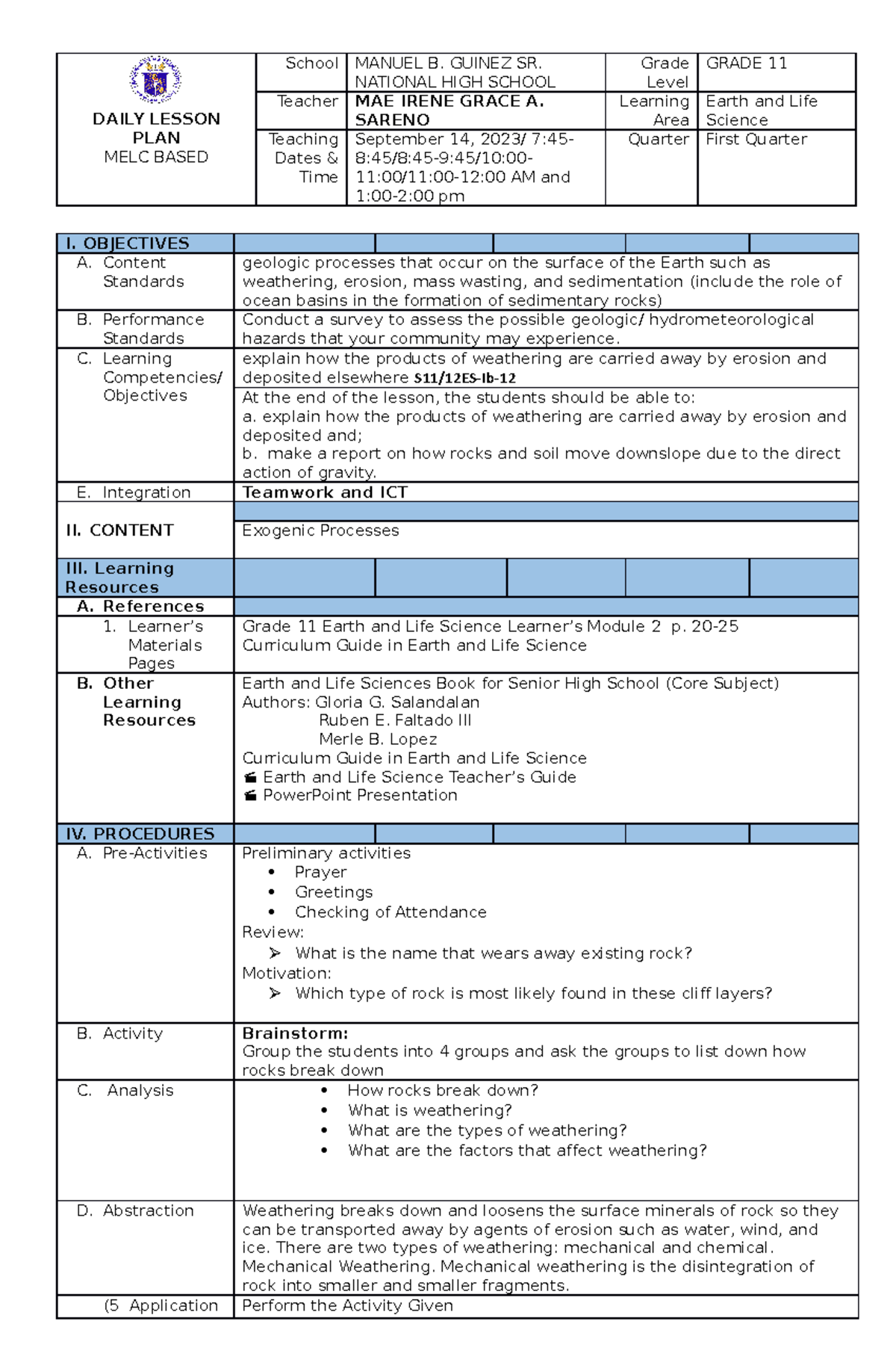 Lesson-Plan ELS 4 - dll - DAILY LESSON PLAN MELC BASED School MANUEL B ...