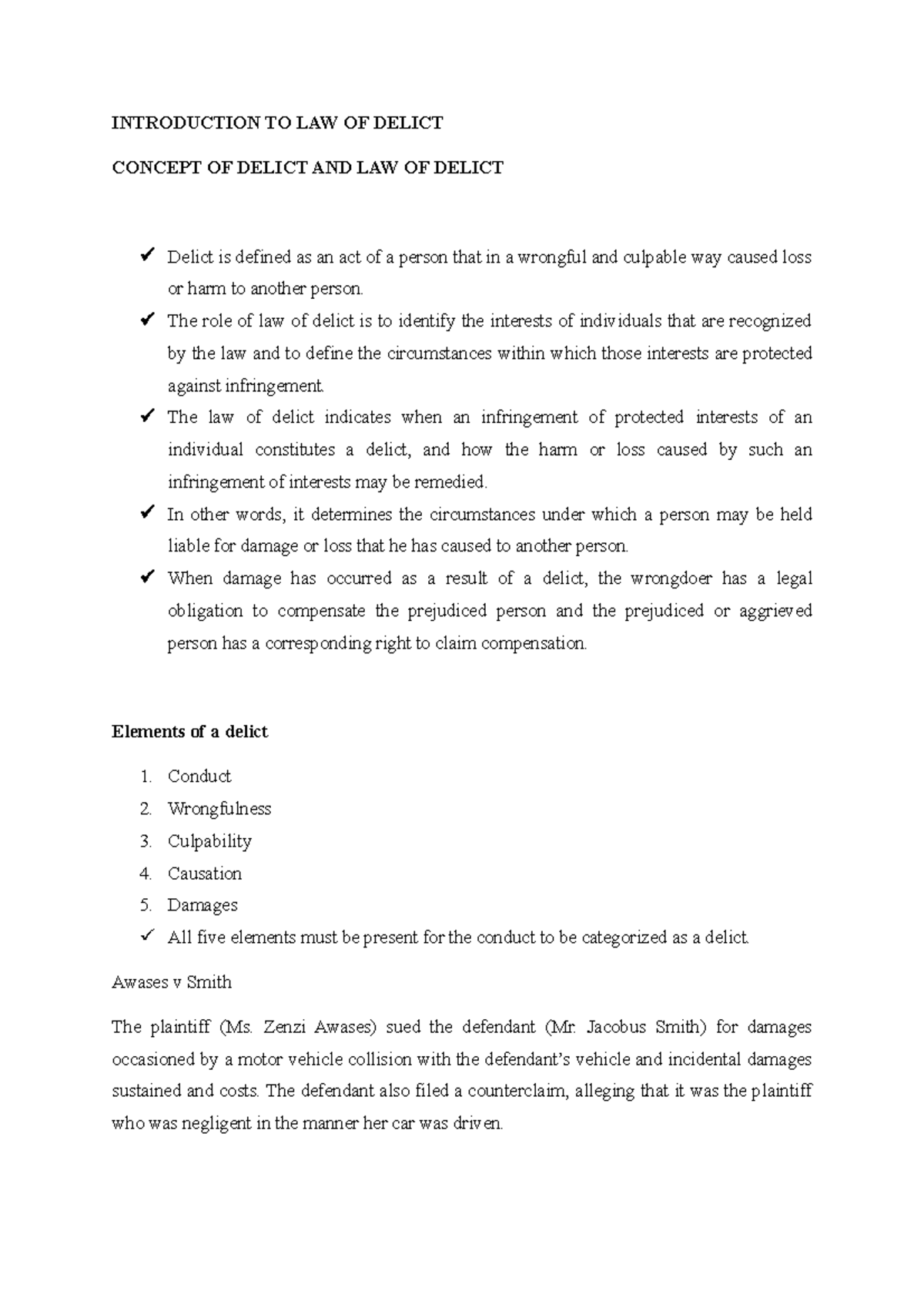 Introduction TO LAW OF Delict - INTRODUCTION TO LAW OF DELICT CONCEPT ...