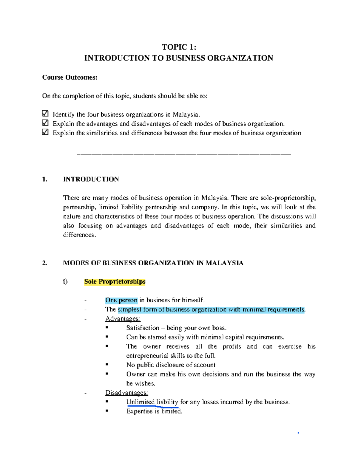 BUSINESS ORGANIZATION - TOPIC 1: INTRODUCTION TO BUSINESS ORGANIZATION ...
